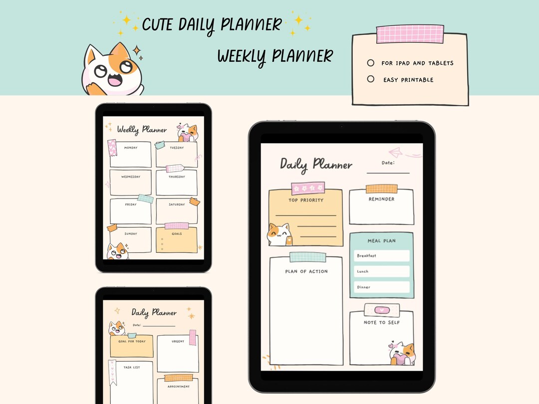 Cute Digital Daily & Weekly Planner, to Do List, Daily Schedule, Tasks ...