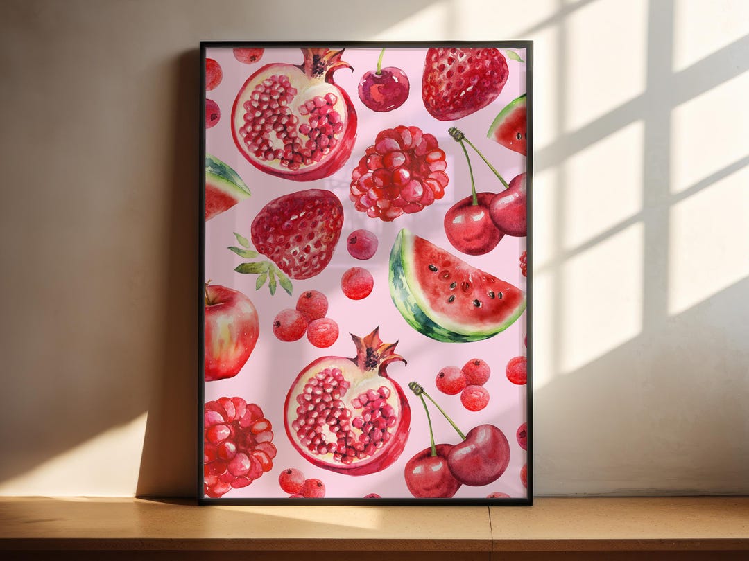 Red Fruits Aesthetic Wall Art Home Decor Print Fruit Poster Pink ...