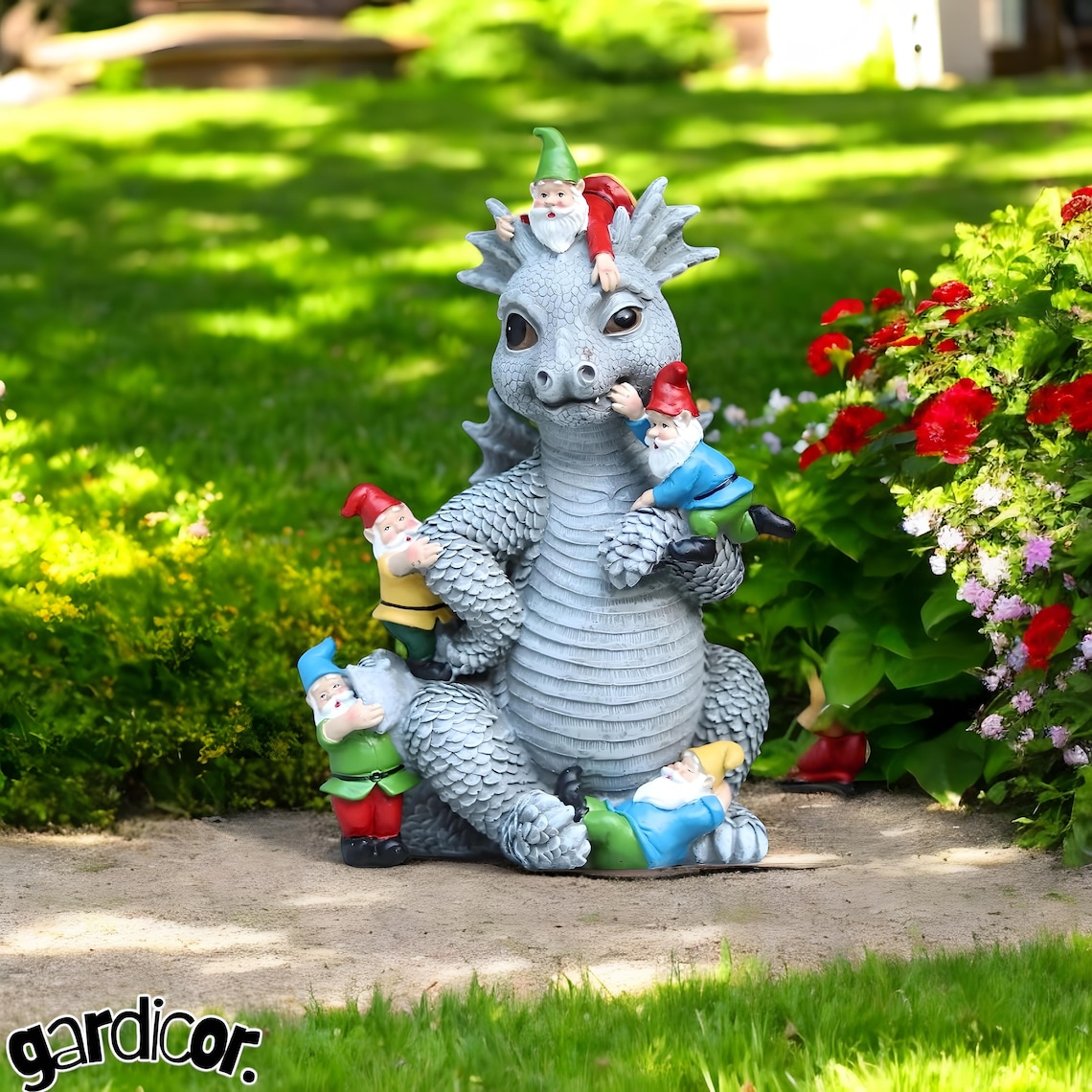Dragon With Gnomes Garden Statue: Whimsical Outdoor Decor - Etsy
