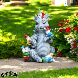 Dragon With Gnomes Garden Statue: Whimsical Outdoor Decor - Etsy