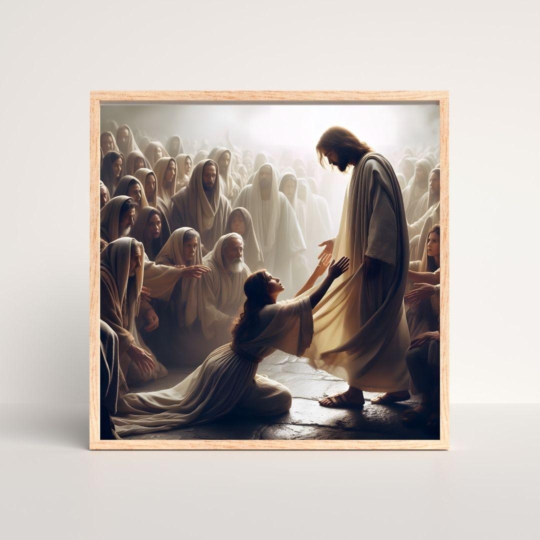 Jesus Healing Woman in Crowd Print – Touch of Faith Bible Scene ...