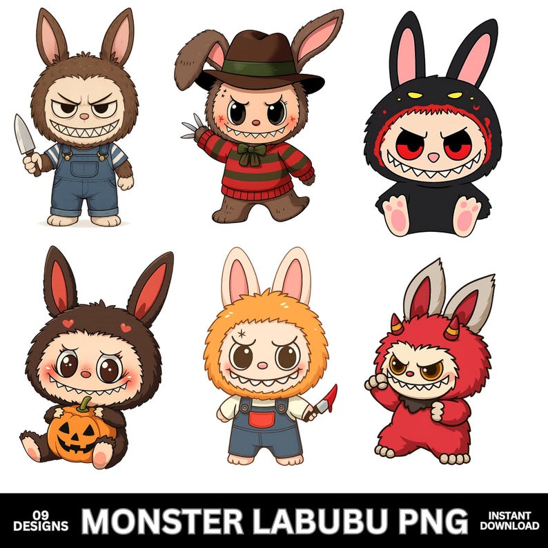 Monster Labubu Clipart Bundle: Retro Halloween PNG Designs (digital ...