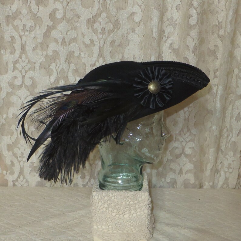 Black Pirate Hat Fancy Black Wool Tricorn With Black Trim - Etsy