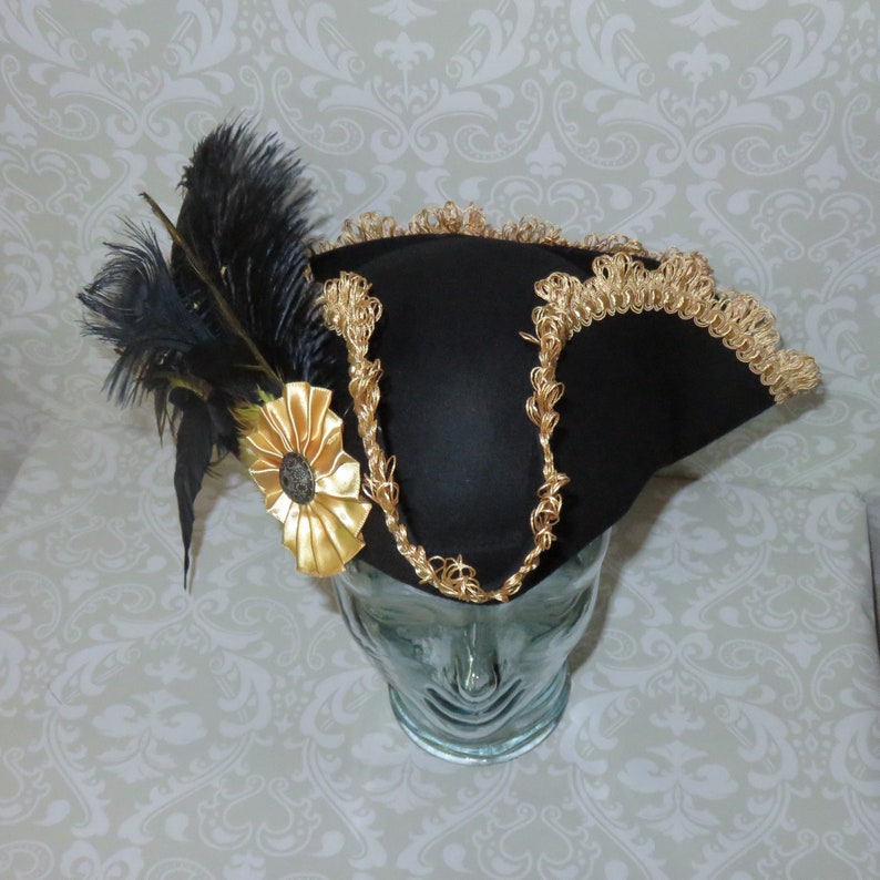 Black and Gold Pirate Hat Fancy Black Wool Tricorn With Gold - Etsy