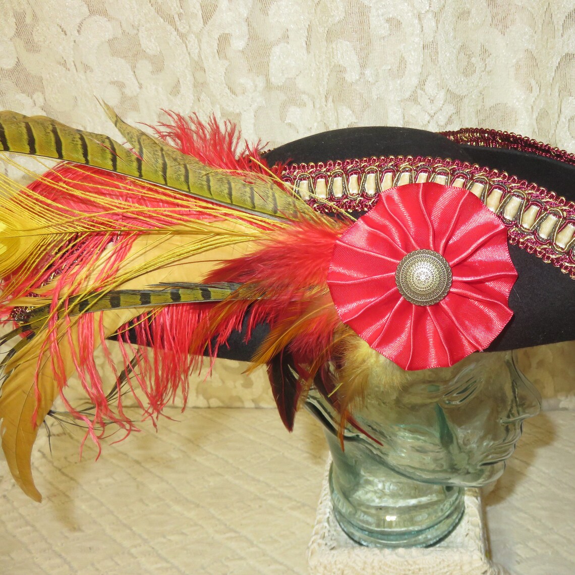 Black Red and Gold Pirate Hat Fancy Black Wool Tricorn With - Etsy