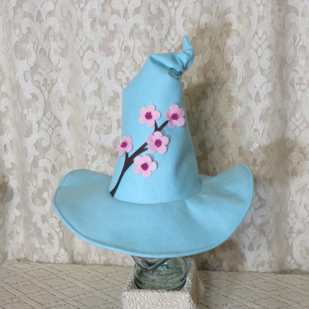Cherry Blossom Witch Hat Aqua Blue Felt Witch Hat With Floral - Etsy
