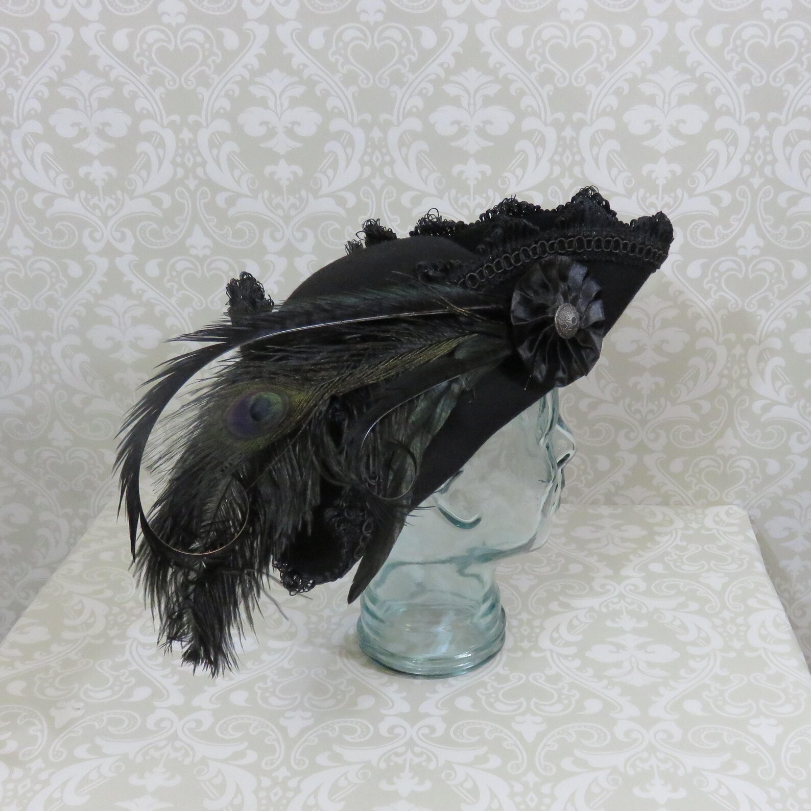 Black Pirate Hat Fancy Black Wool Tricorn with Black Trim | Etsy