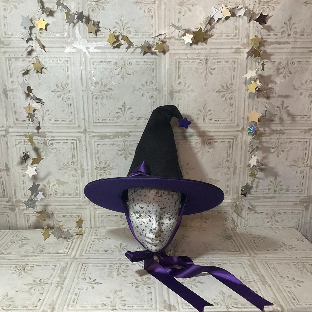 Retro Witch Hat- Black and Purple Wool Felt Hat With Satin Ribbon Ties ...