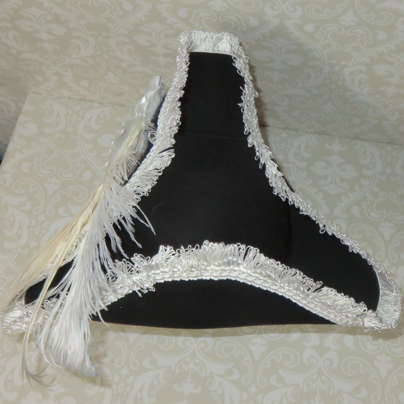 Black and White Pirate Hat- Fancy Black Wool Tricorn With White Trim ...