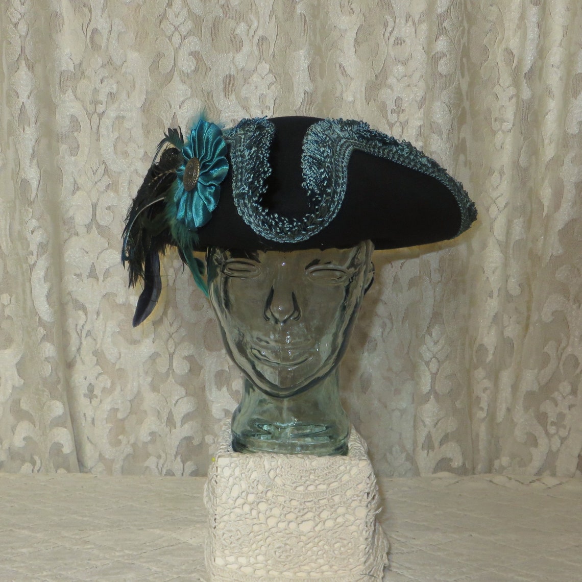 Black and Peacock Pirate Hat Fancy Black Wool Tricorn with | Etsy