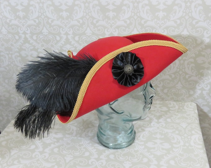 Red Pirate Hat- Classic Tricorn With Gold Trim, and Optional Black ...