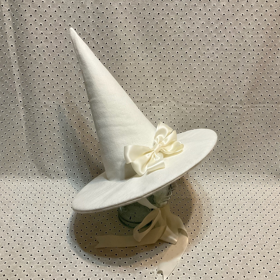 White Practical Witch Hat- White Wool Felt Hat With Satin Ribbon Ties ...