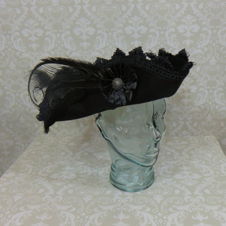 Black Pirate Hat Fancy Black Wool Tricorn with Black Trim | Etsy