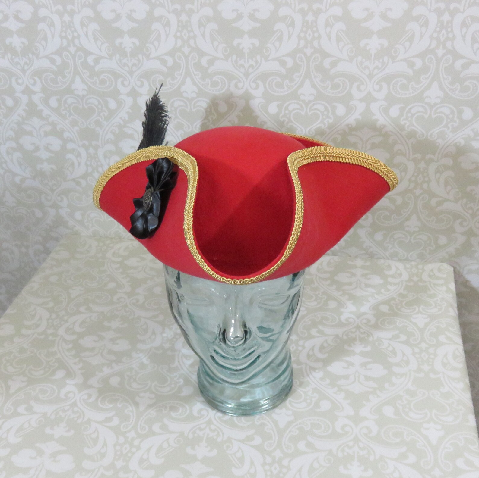 Red Pirate Hat- Classic Tricorn With Gold Trim, and Optional Black ...