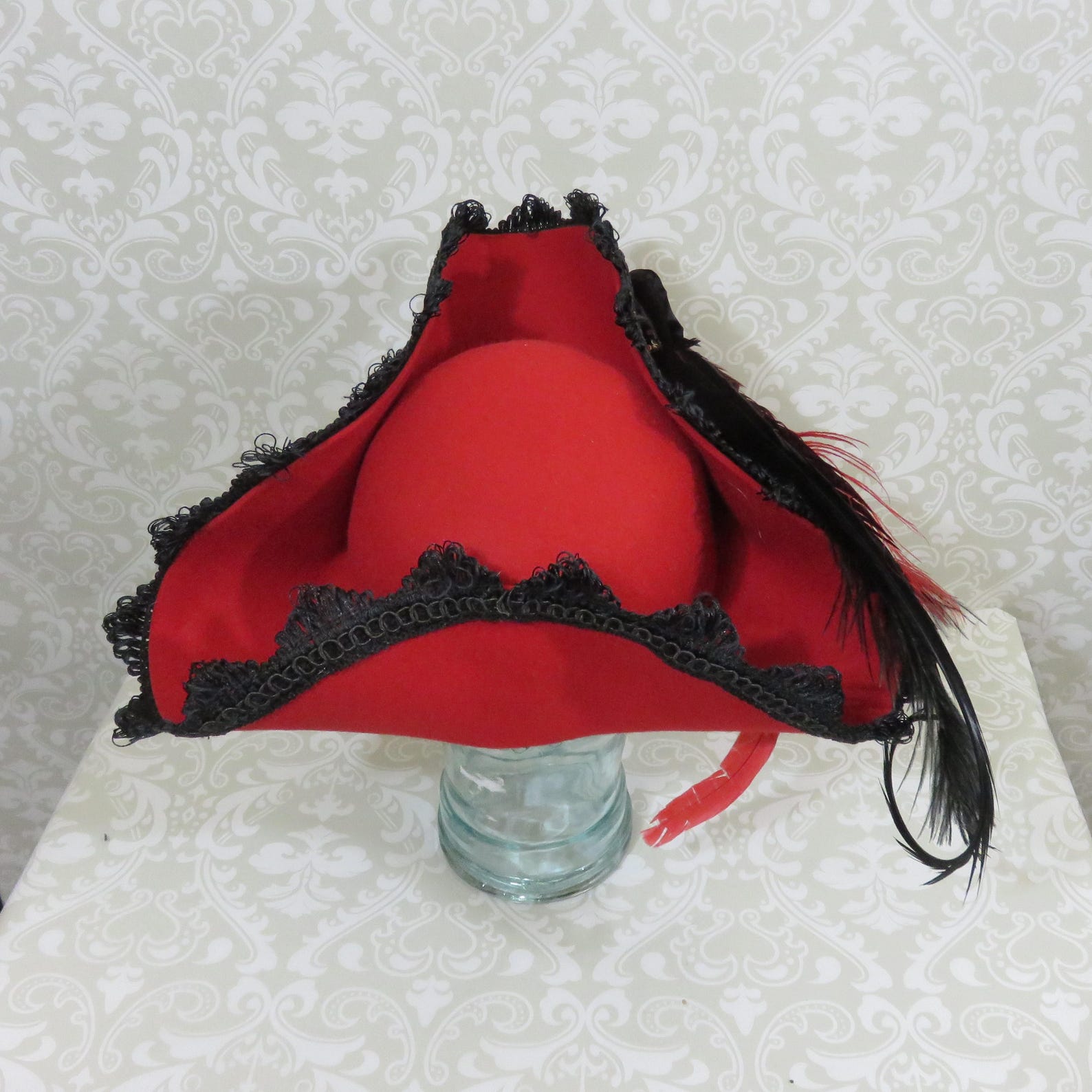Red Pirate Hat- Fancy Red Wool Tricorn With Black Trim, Ostrich ...