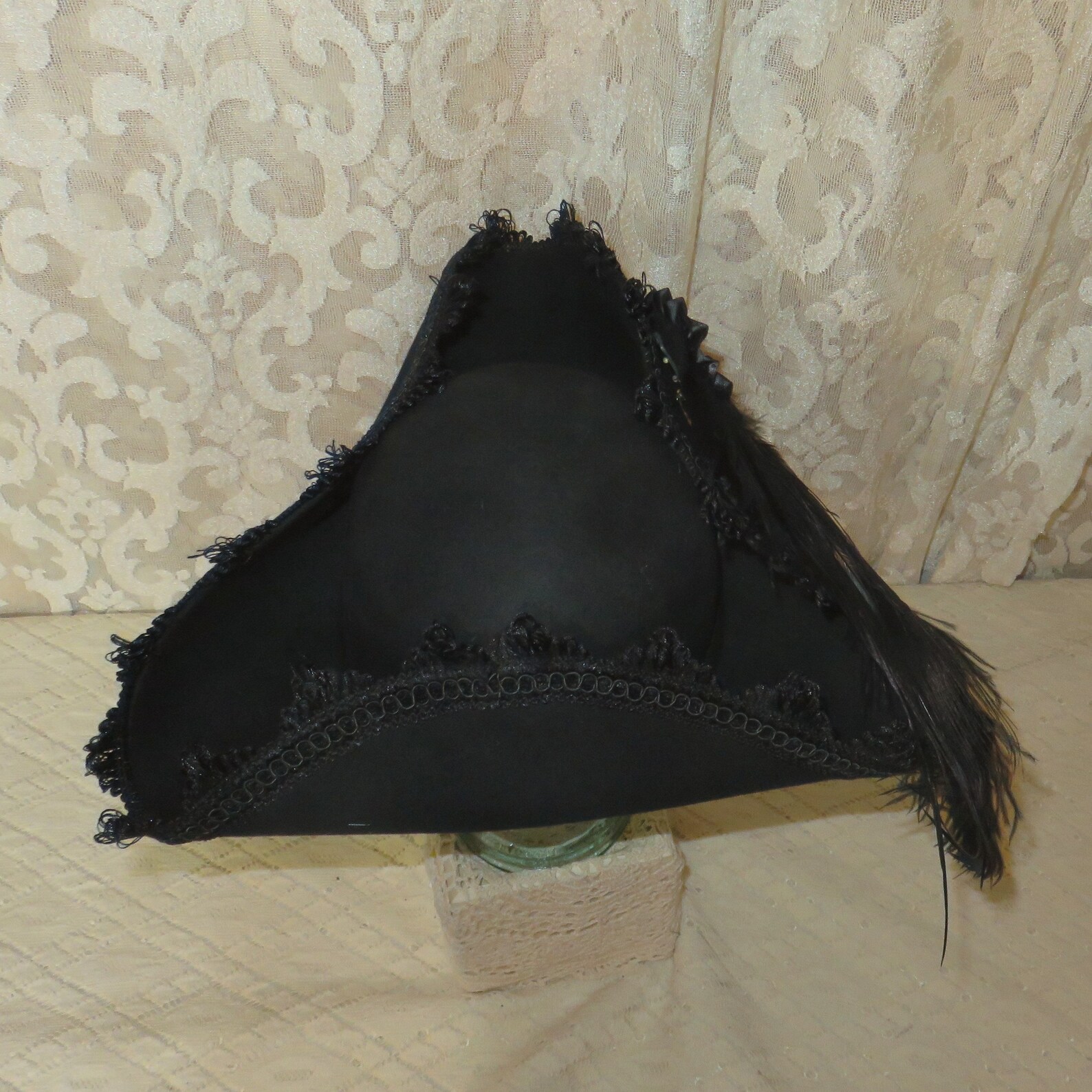 Black Pirate Hat Fancy Black Wool Tricorn With Black Trim | Etsy