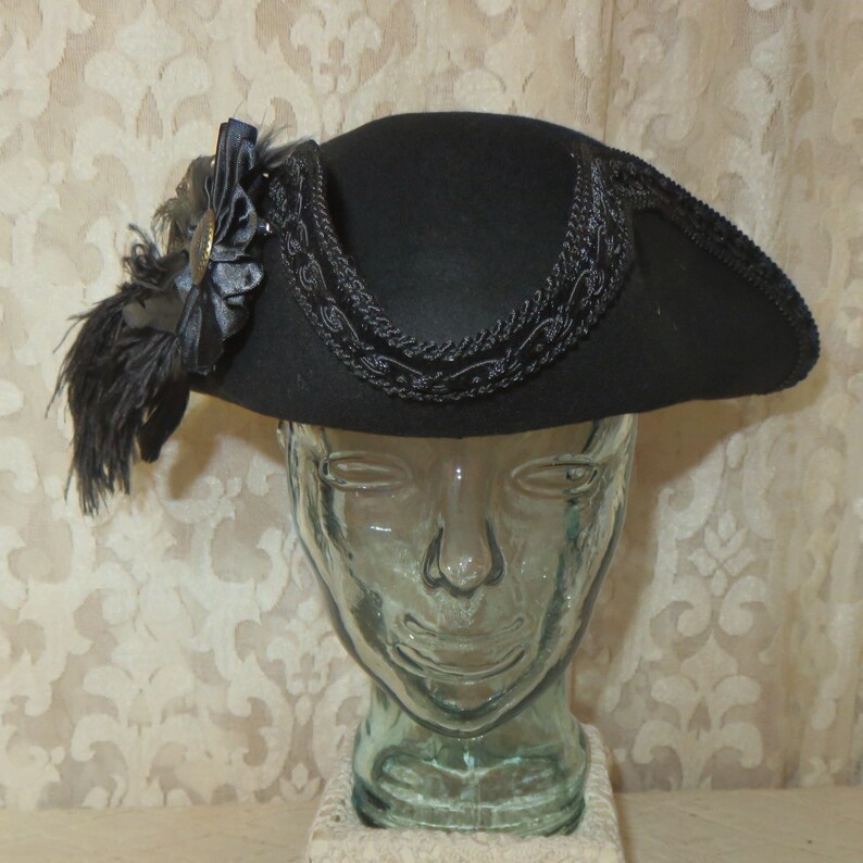 Black Pirate Hat Fancy Black Wool Tricorn With Black Trim | Etsy