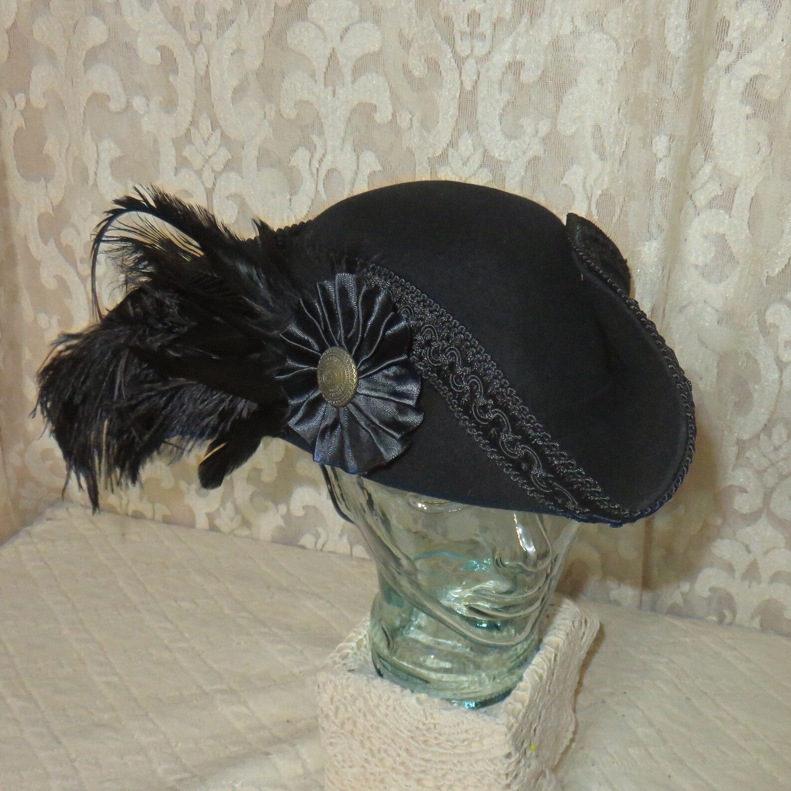Black Pirate Hat Fancy Black Wool Tricorn With Black Trim - Etsy