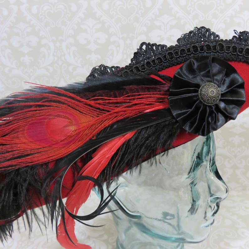 Red Pirate Hat- Fancy Red Wool Tricorn With Black Trim, Ostrich ...