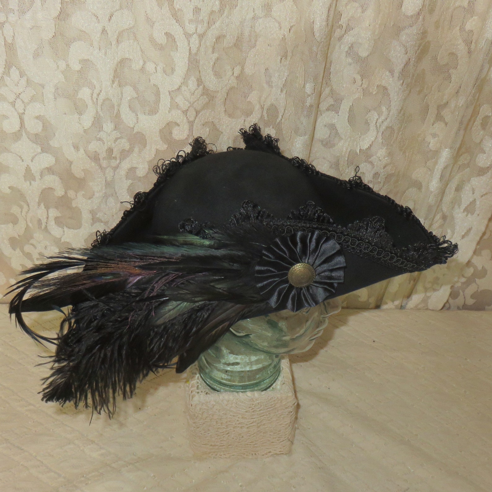 Black Pirate Hat Fancy Black Wool Tricorn With Black Trim - Etsy
