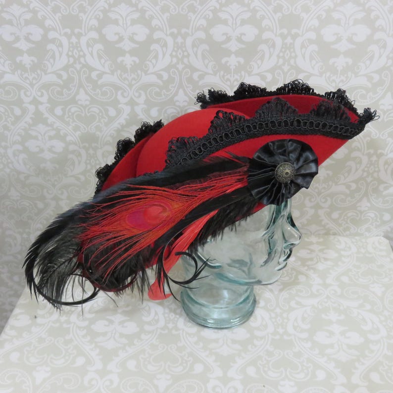Red Pirate Hat Fancy Red Wool Tricorn with Black Trim | Etsy