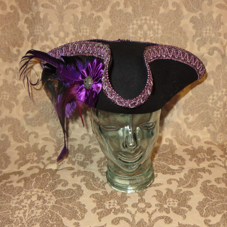 Black Pirate Hat Fancy Black Wool Tricorn with Purple Trim | Etsy