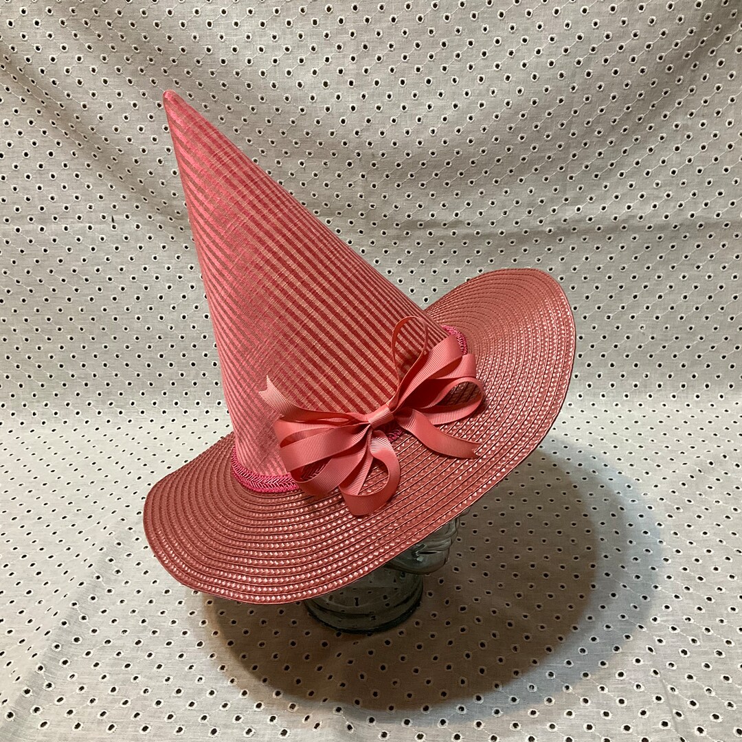 Pink Brocade and Straw Witch Hat Salmon Stripe With Raspberry Brim and ...