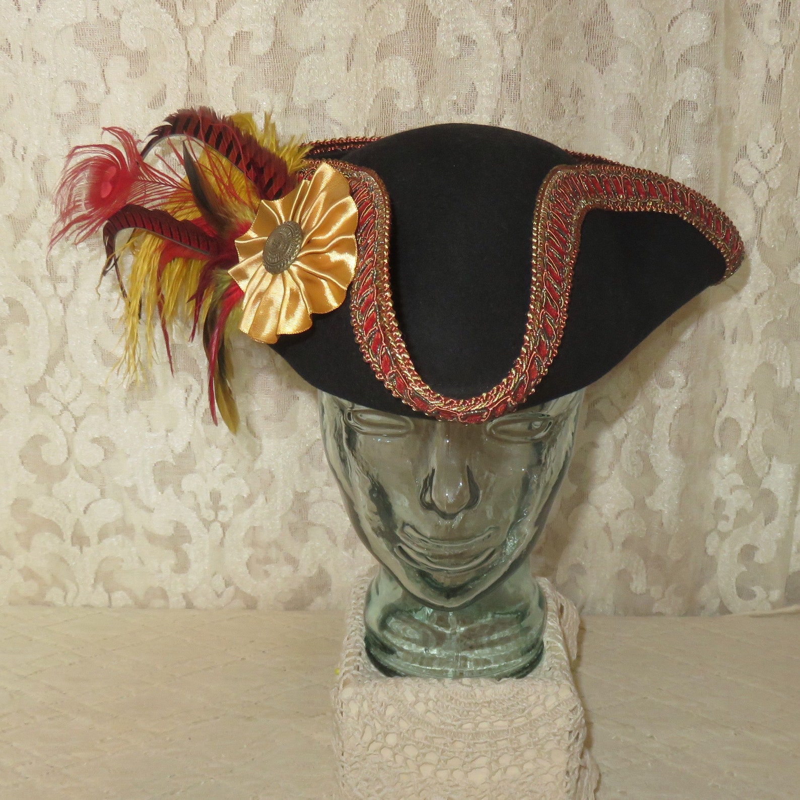 Black, Gold, and Red Pirate Hat- Fancy Black Wool Tricorn With Gold and ...