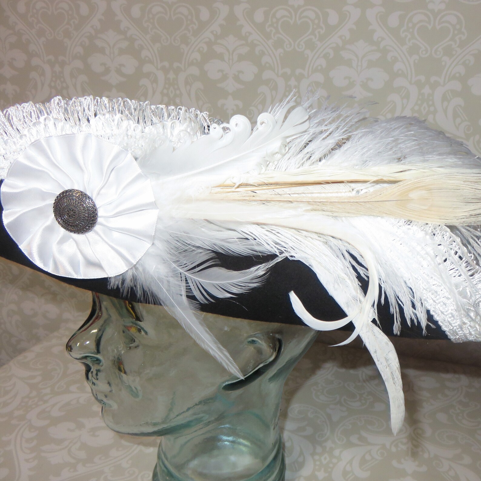 Black and White Pirate Hat- Fancy Black Wool Tricorn With White Trim ...