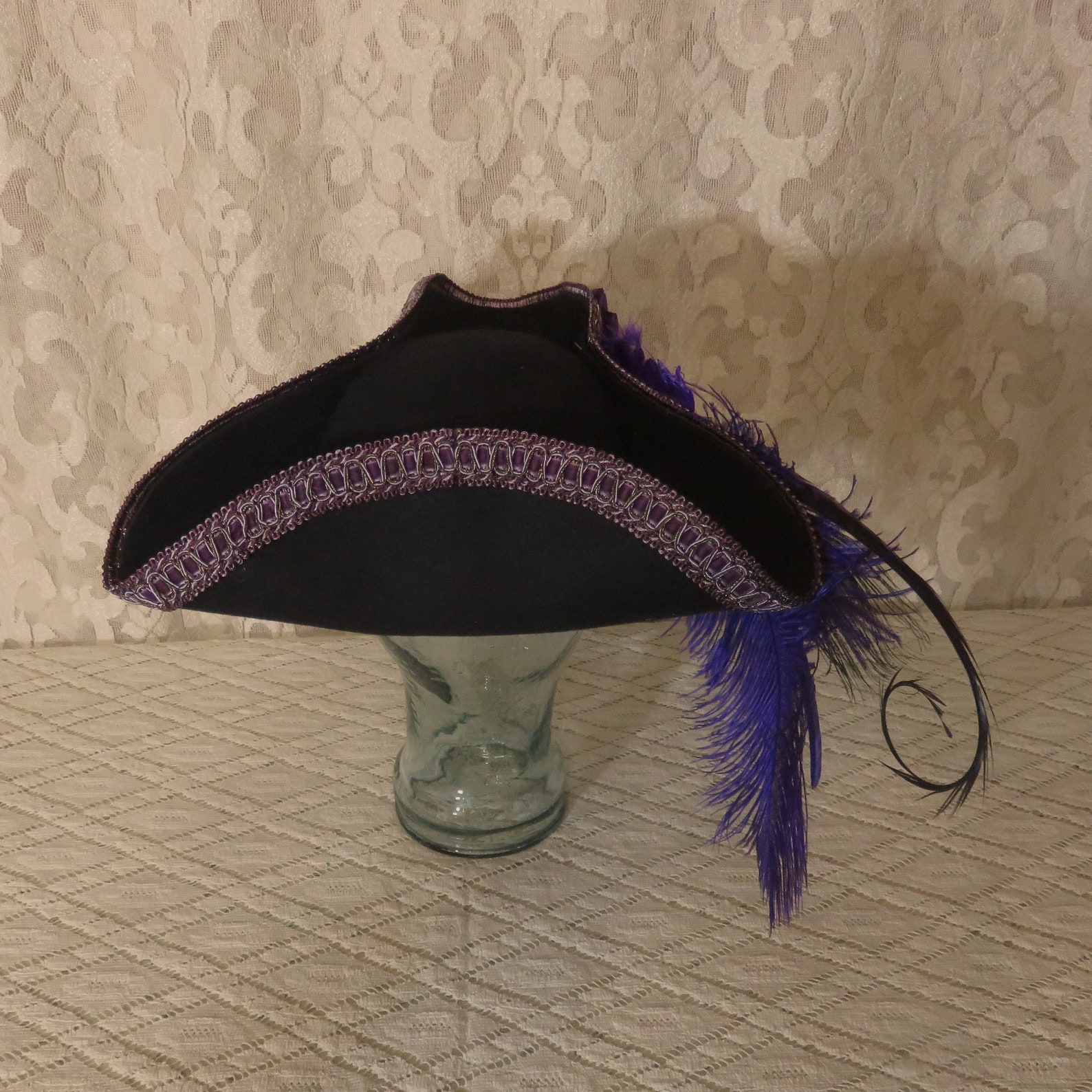 Black Pirate Hat- Fancy Black Wool Tricorn With Purple Trim, and ...