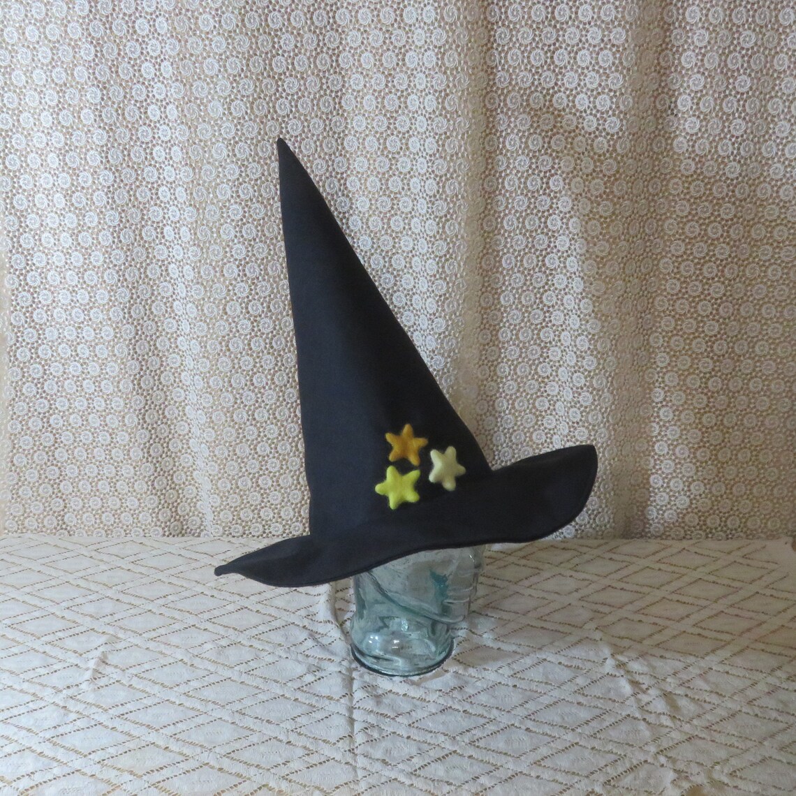 Black Starry Wizard/witch Hat- Black Wool Felt Hat With Wool Stars - Etsy
