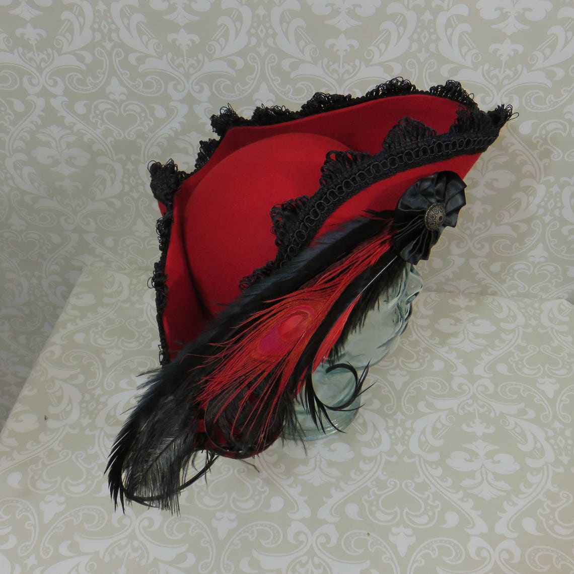 Red Pirate Hat Fancy Red Wool Tricorn With Black Trim - Etsy