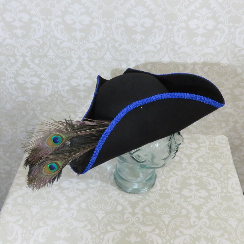Black Felt Pirate Hat Classic Tricorn With Blue Trim and - Etsy Black Felt Pirate Hat Classic Tricorn With Blue Trim and - Etsy