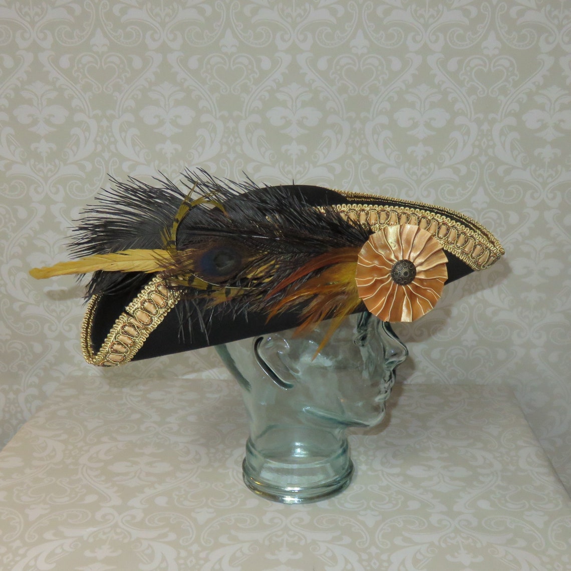 Black and Gold Pirate Hat- Fancy Black Wool Tricorn With Gold Trim ...