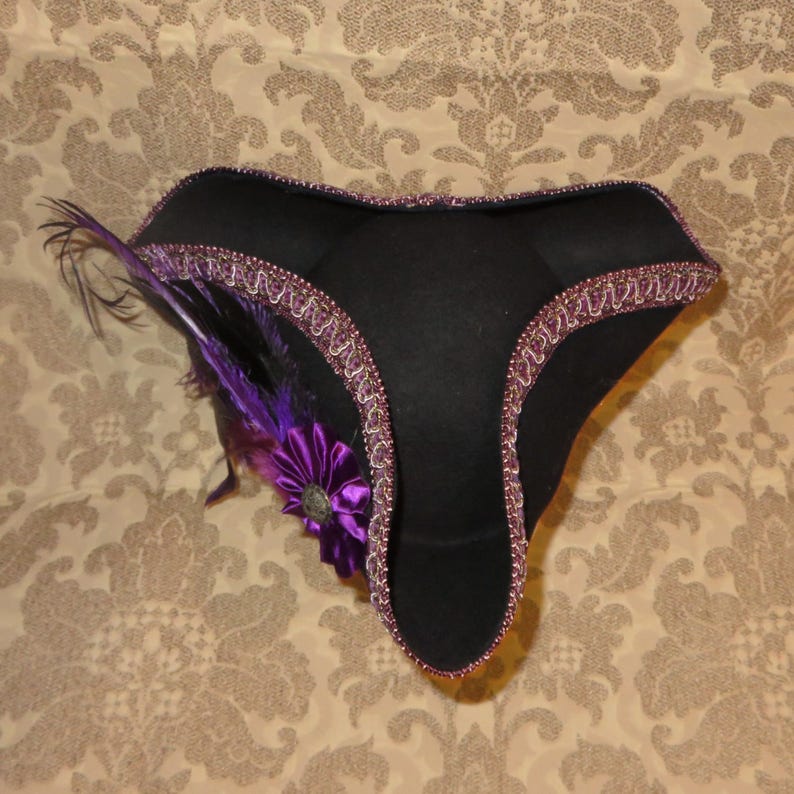 Black Pirate Hat Fancy Black Wool Tricorn with Purple Trim | Etsy