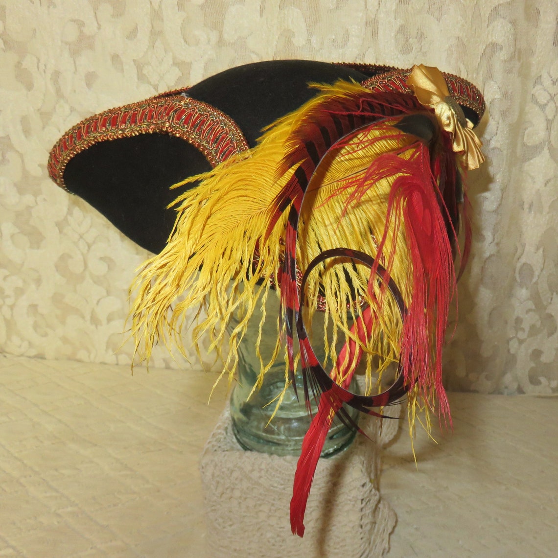 Black, Gold, and Red Pirate Hat- Fancy Black Wool Tricorn With Gold and ...