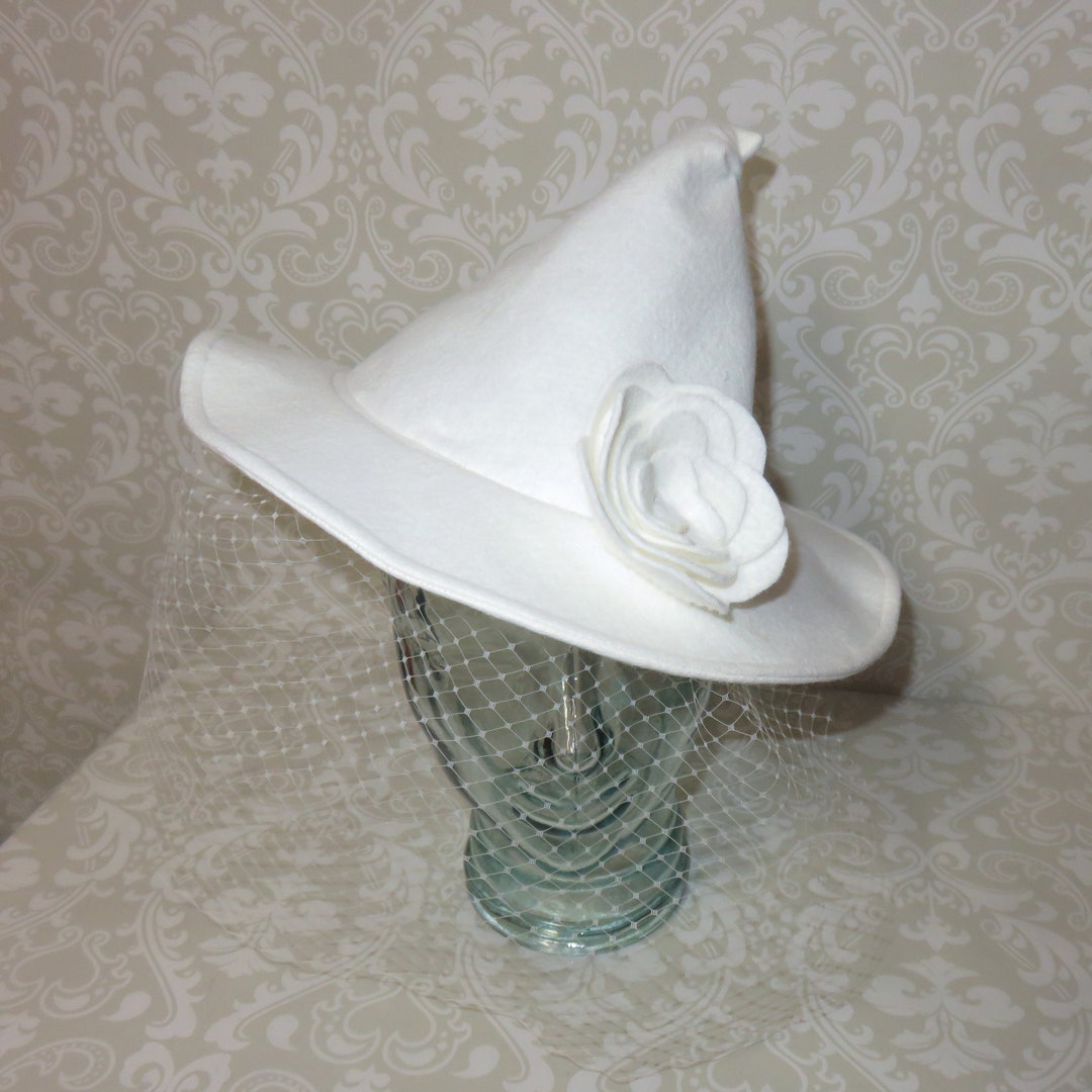 Little White Witch Hat- White Wool Felt Hat With Flower or Bow Pin and ...
