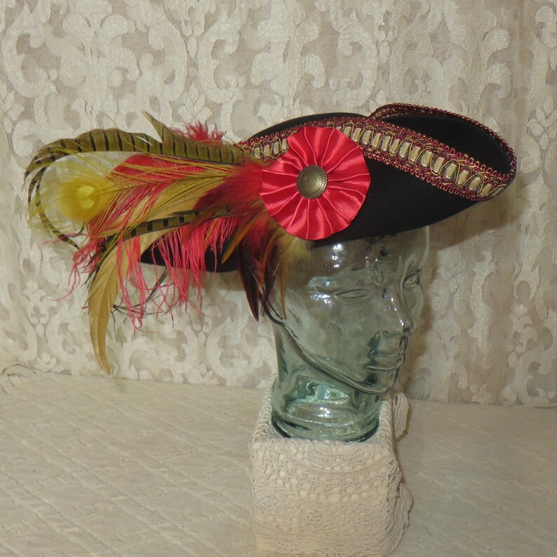 Black Red and Gold Pirate Hat Fancy Black Wool Tricorn With - Etsy