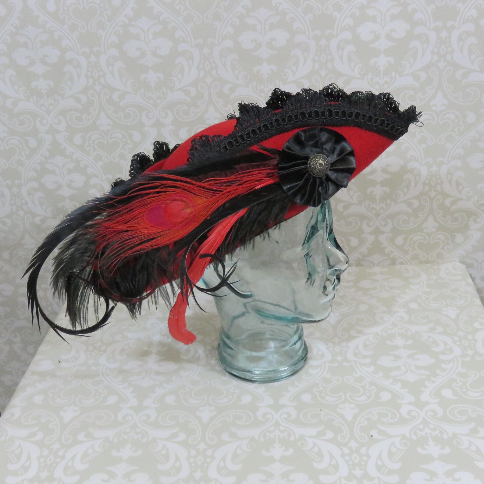 Red Pirate Hat- Fancy Red Wool Tricorn With Black Trim, Ostrich ...