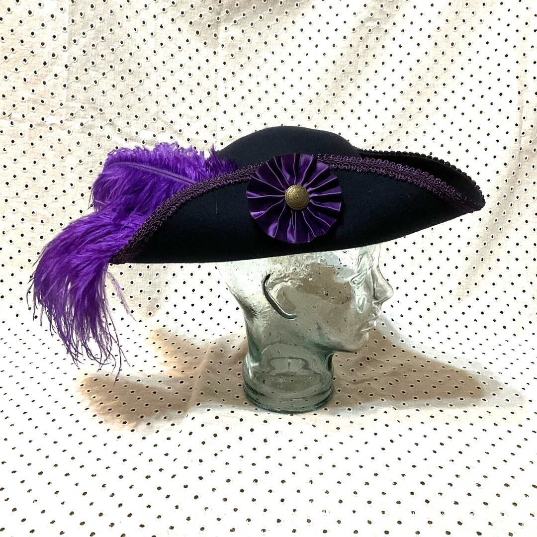 Black Felt Pirate Hat- Classic Tricorn With Dark Purple Trim and ...