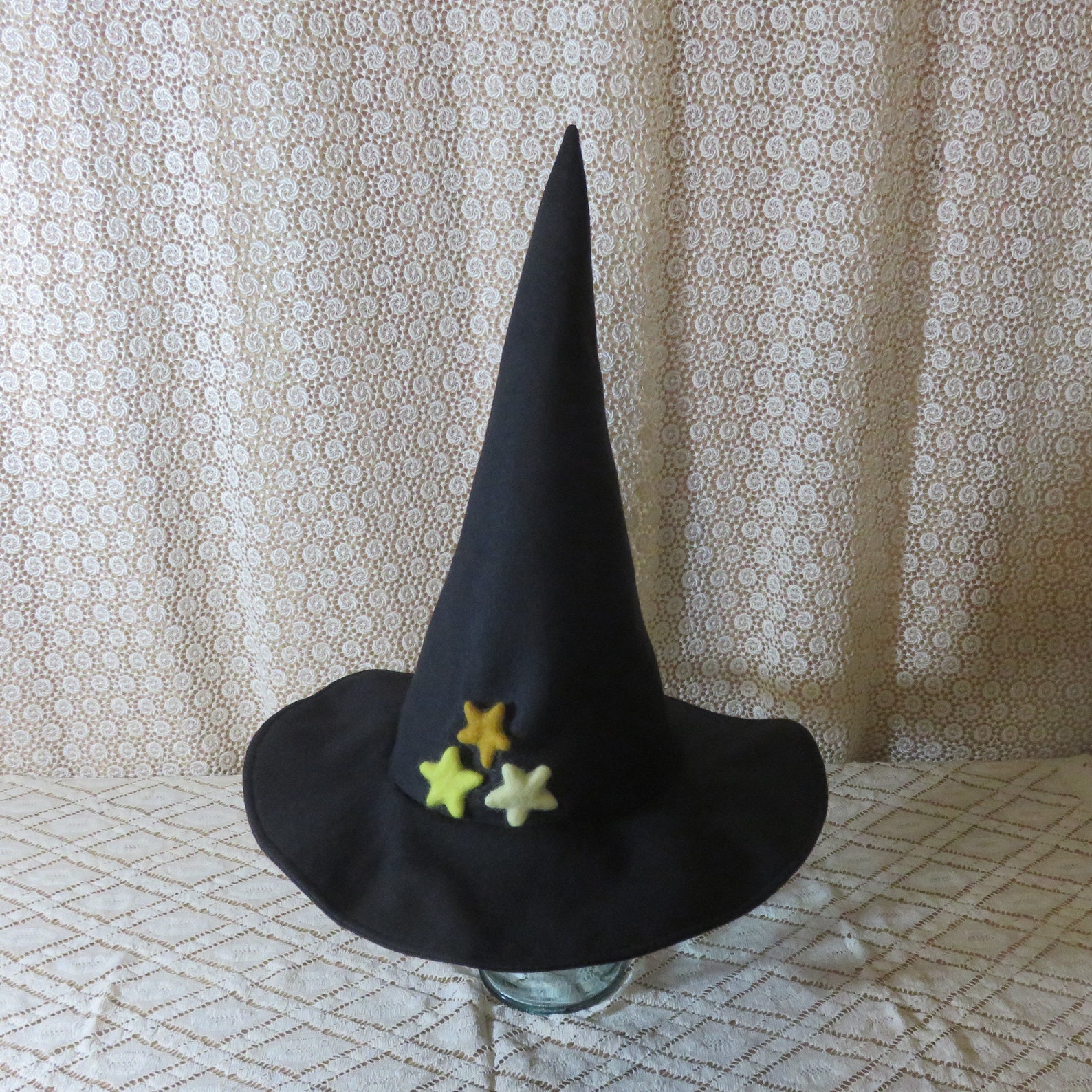 Black Starry Wizard/witch Hat- Black Wool Felt Hat With Wool Stars - Etsy