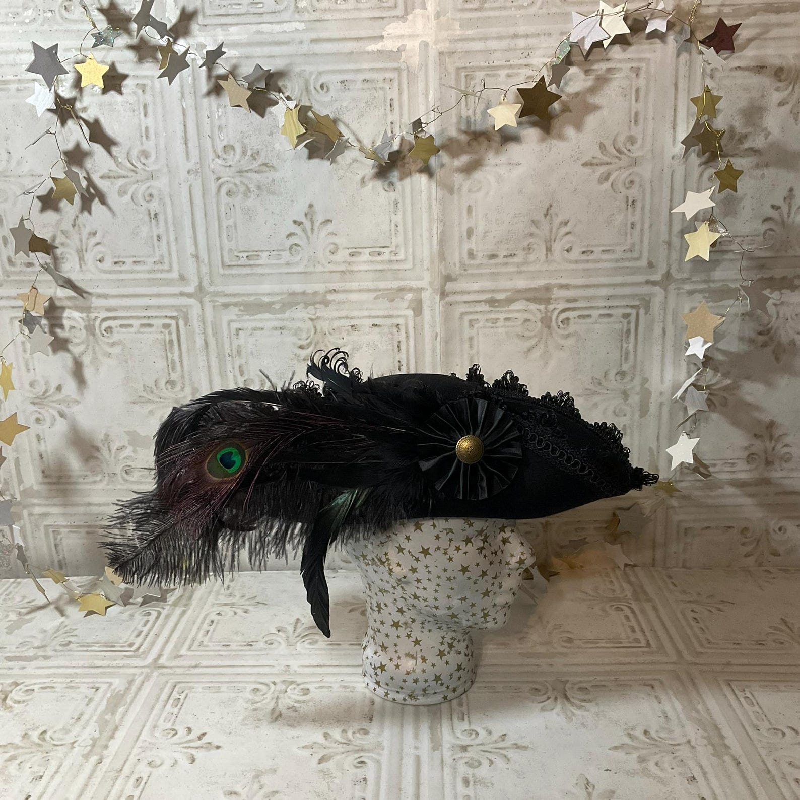 Black Pirate Hat- Fancy Black Wool Tricorn With Black Trim, Ostrich ...
