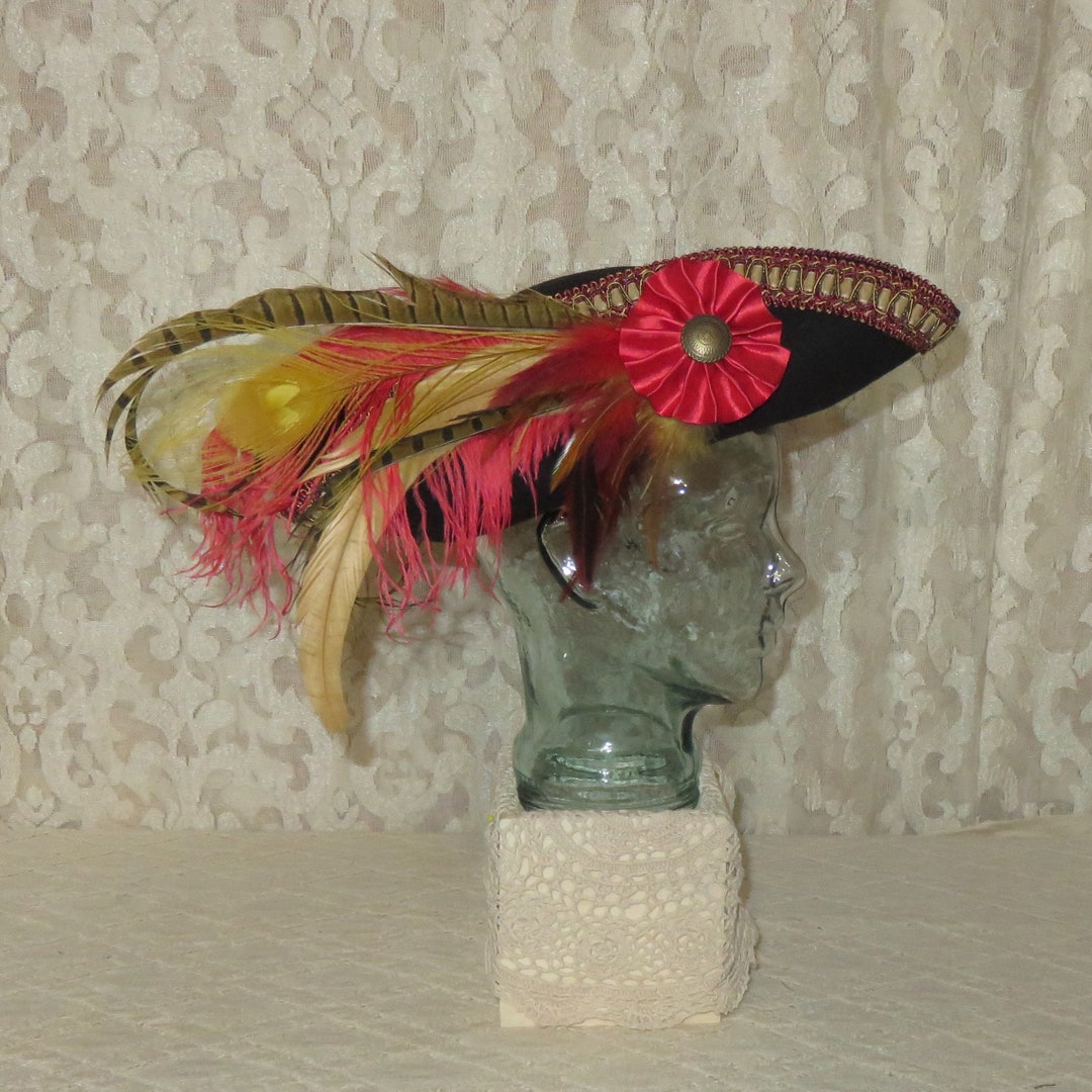 Black, Red, and Gold Pirate Hat- Fancy Black Wool Tricorn With Red and ...