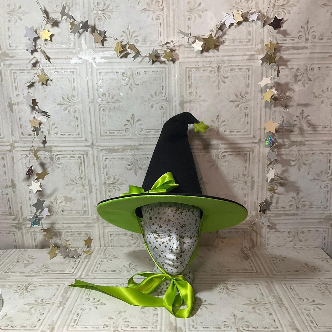 Retro Witch Hat- Black and Lime Green Wool Felt Hat With Satin Ribbon ...