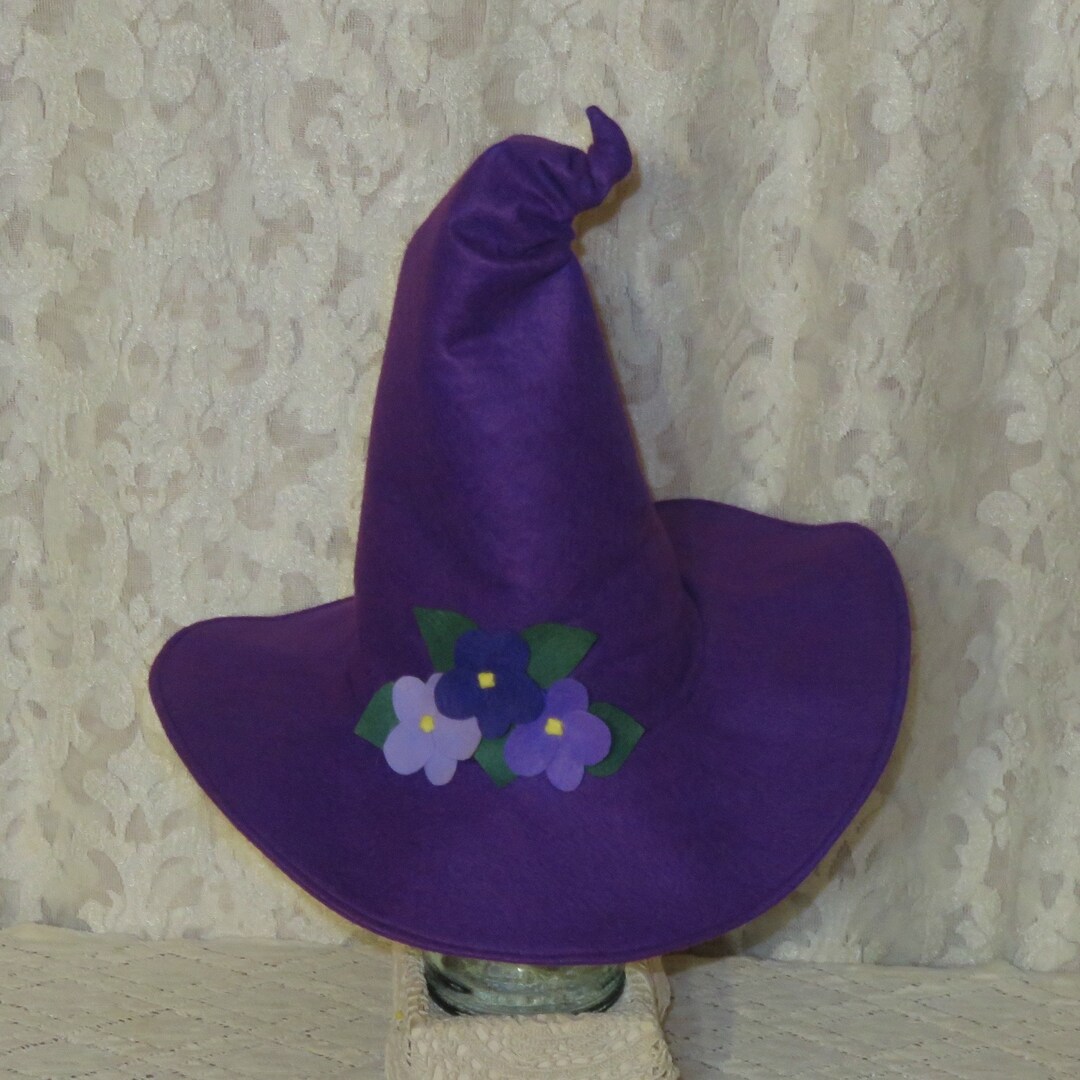 Violet Purple Witch Hat- Felt Witch Hat With Violet Flowers or Teal Bow ...