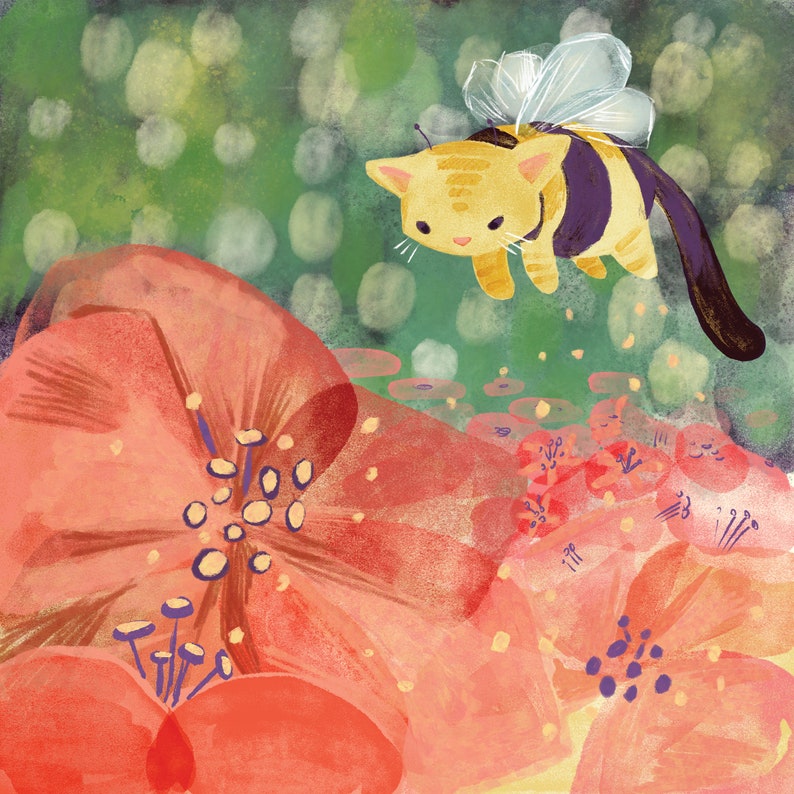 Bee Cat Whimsical Flying Cat-bee Hybrid Fine Art Print Wall - Etsy