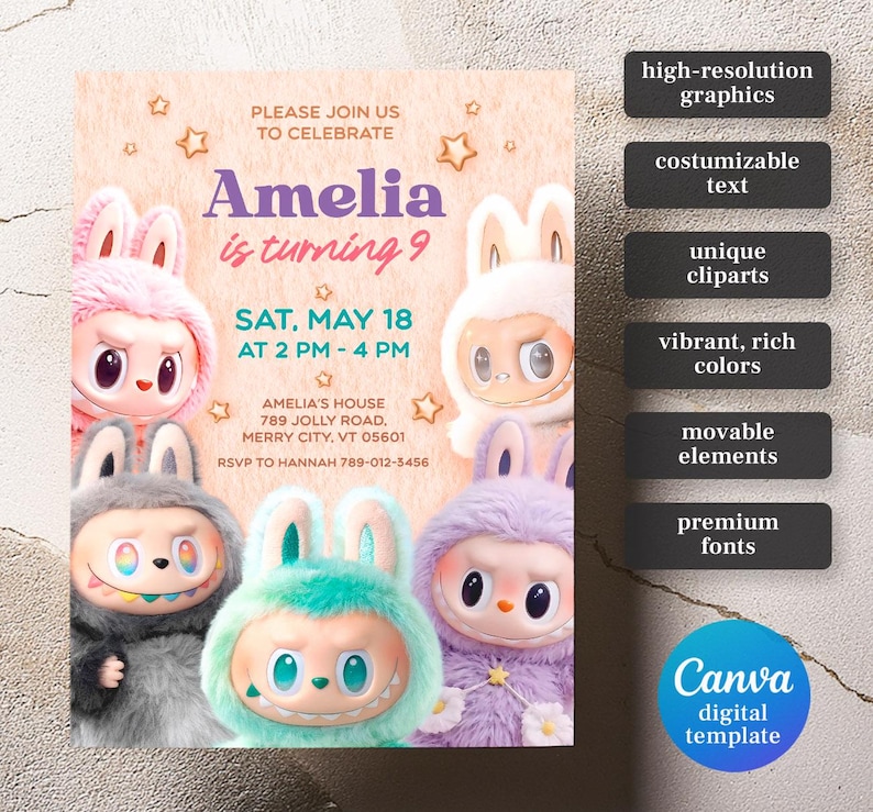 Monsters Themed Birthday Invitation, Printable Editable Cute Bunny ...