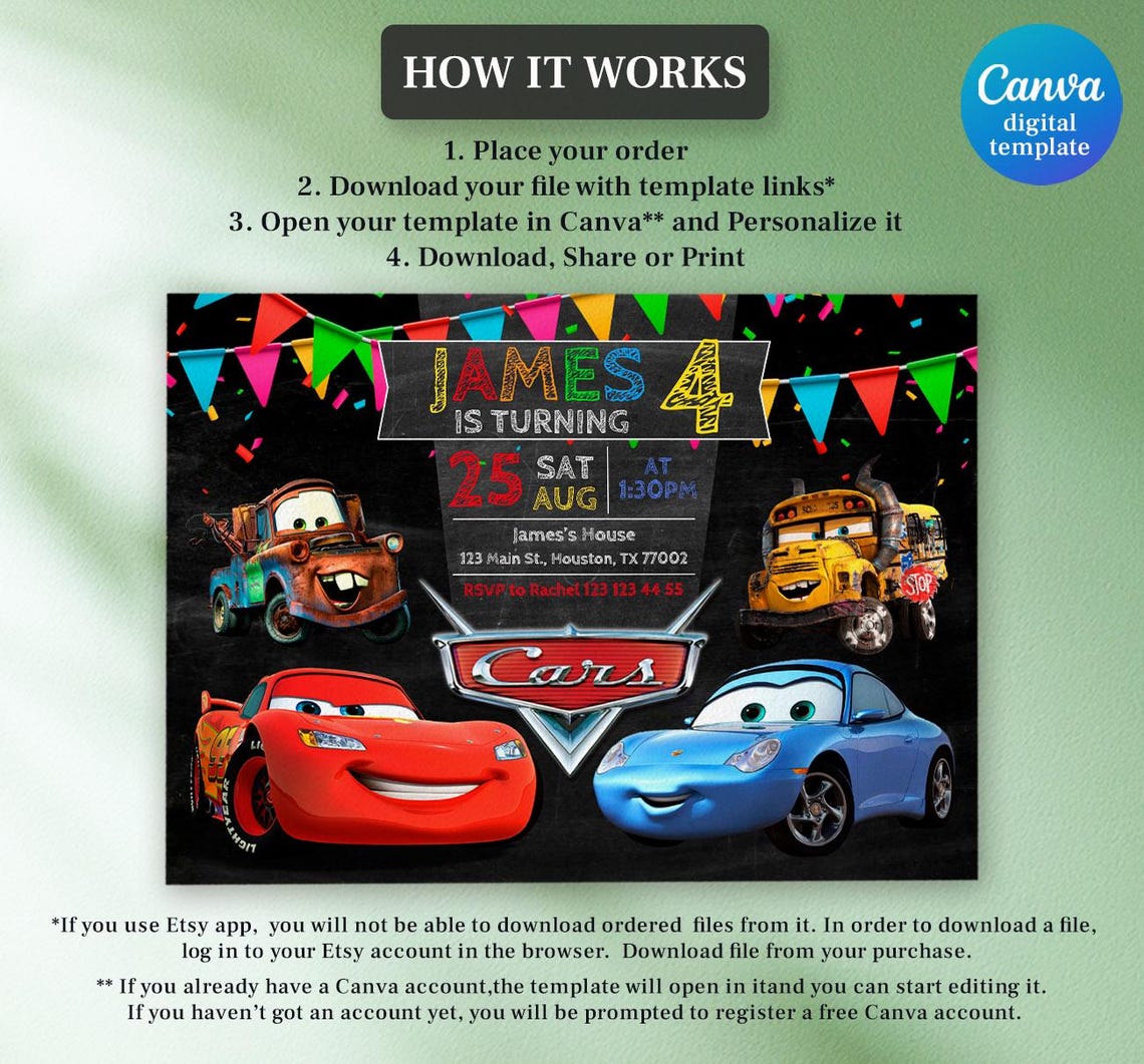 Cars Invitation, Lightning Mcqueen Invite, Printable Birthday Party ...