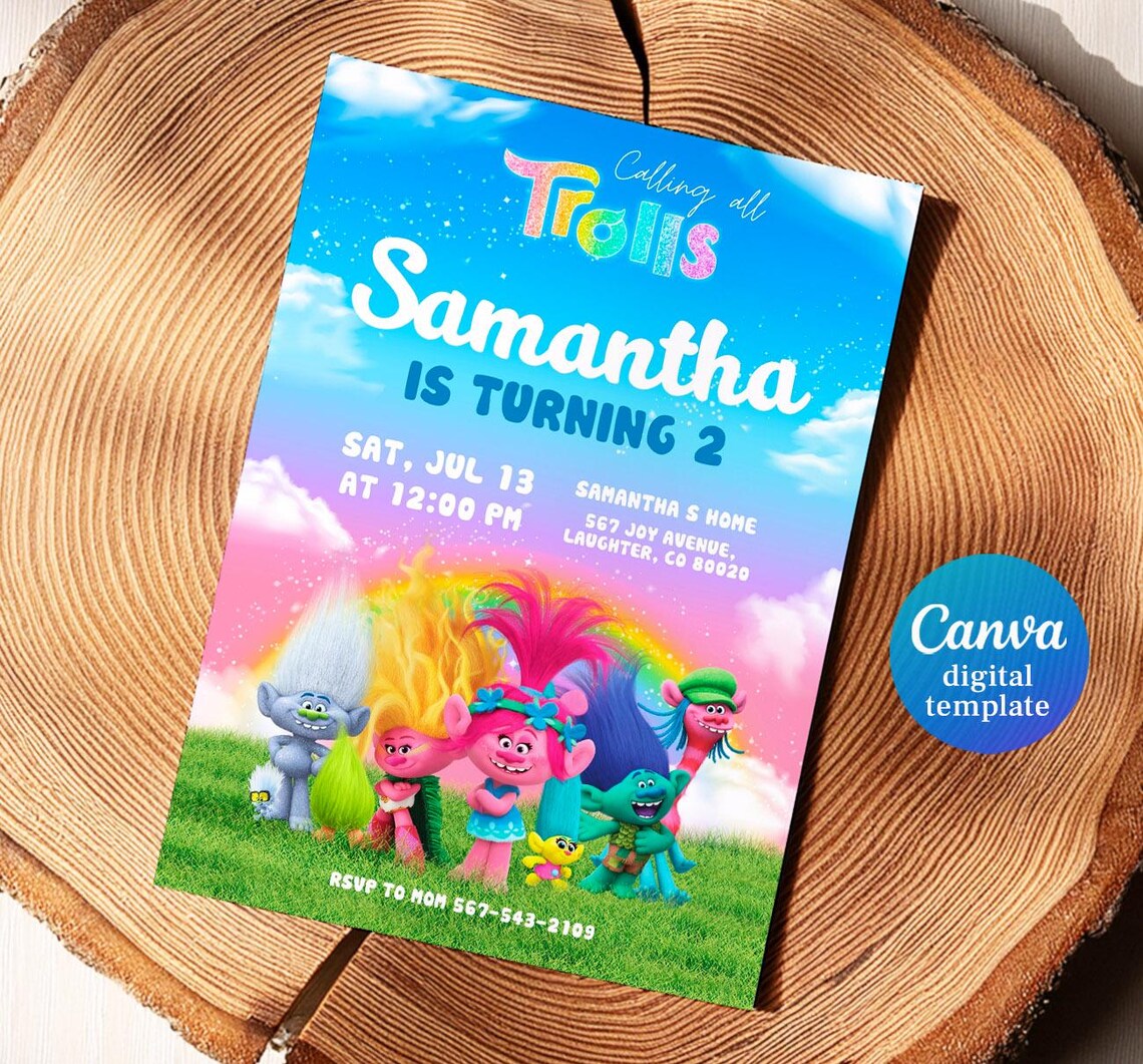 Editable Trolls Invite, Printable Birthday Invitation, Girl Birthday ...