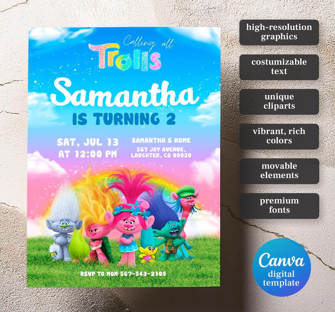 Editable Trolls Invite, Printable Birthday Invitation, Girl Birthday ...